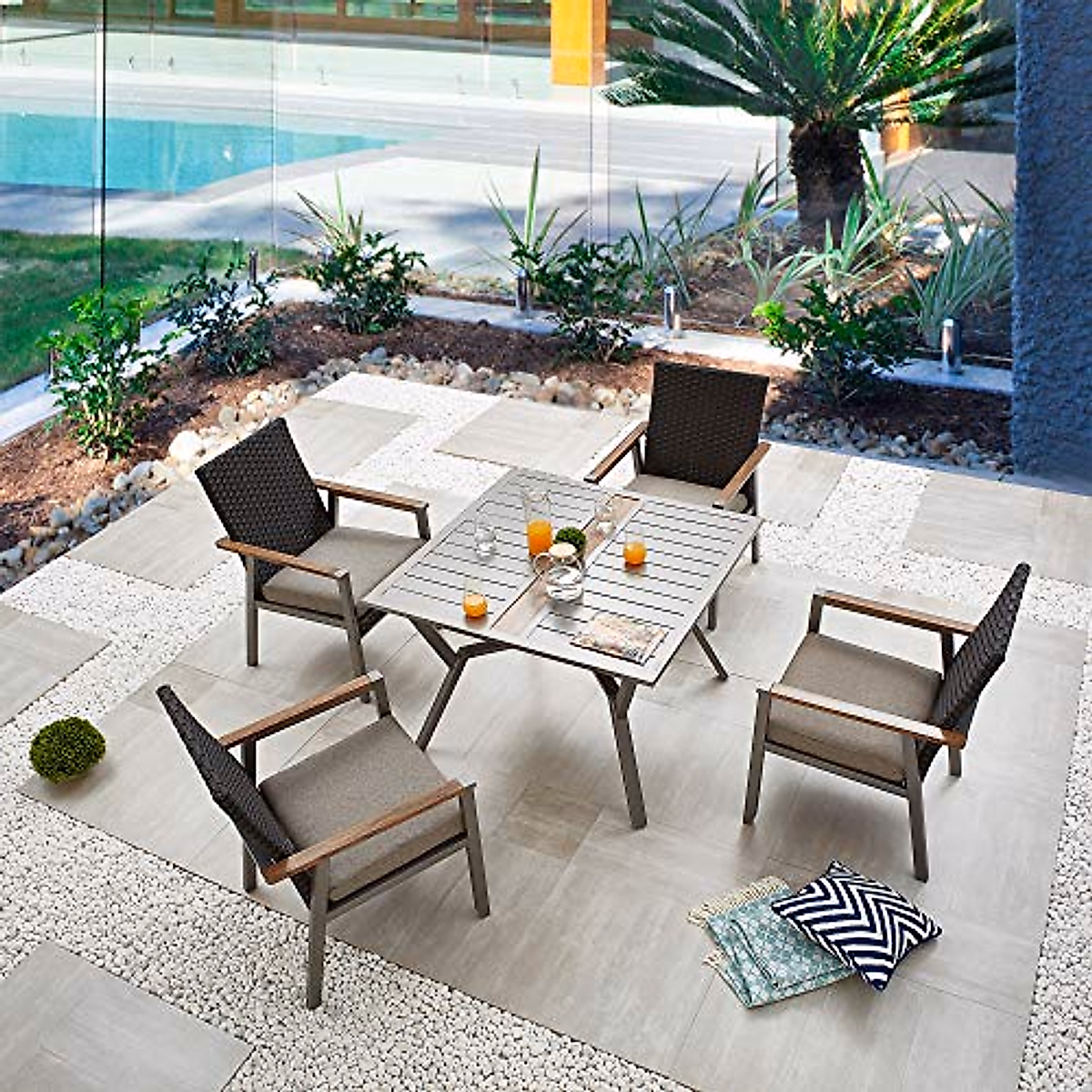 Festival Depot 5 Pcs Patio Set Square Dining Table with 2.16" Umbrella Hole and 4 Rattan Wicker Chairs with Seat Cushions in Metal Frame Outdoor Furniture for Porch Lawn Poolside Backyard, Dark Grey