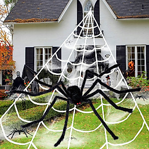 TDHDIKE 200" Halloween Spider Web 59" Giant Spider Decorations Black Triangular Huge Spider Web for Indoor Outdoor Halloween Decorations 20 Small Plastic Spiders 40g Stretch Spider Webs Black