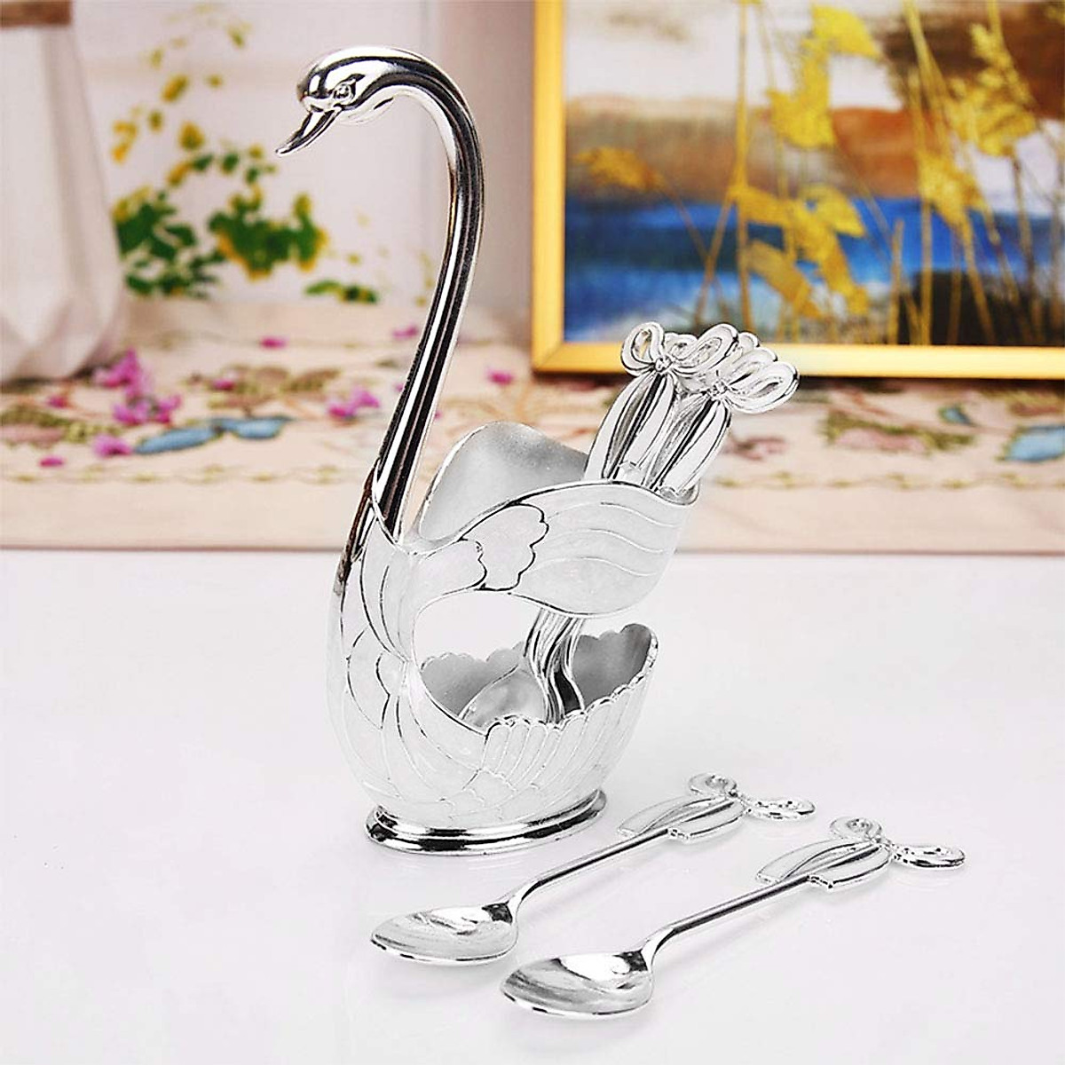 Watris Veiyi Coffee Spoons Set, Dessert Spoons Set, 6PCS Tea Spoons with Swan Base Holder, Metal Coffee Spoon Organizer, Stainless Steel Small Spoons for Coffee Cake Dessert Ice Cream Tea(Silver)