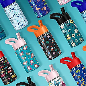 Kids Water Bottle for School, 10oz Boys Girls Insulated Water Bottle with Strap Sleeve, Mermaid Unicorn Stainless Steel Tumbler Cups with Straw Lid, Toddler Water Bottle with 20 Name Stickers