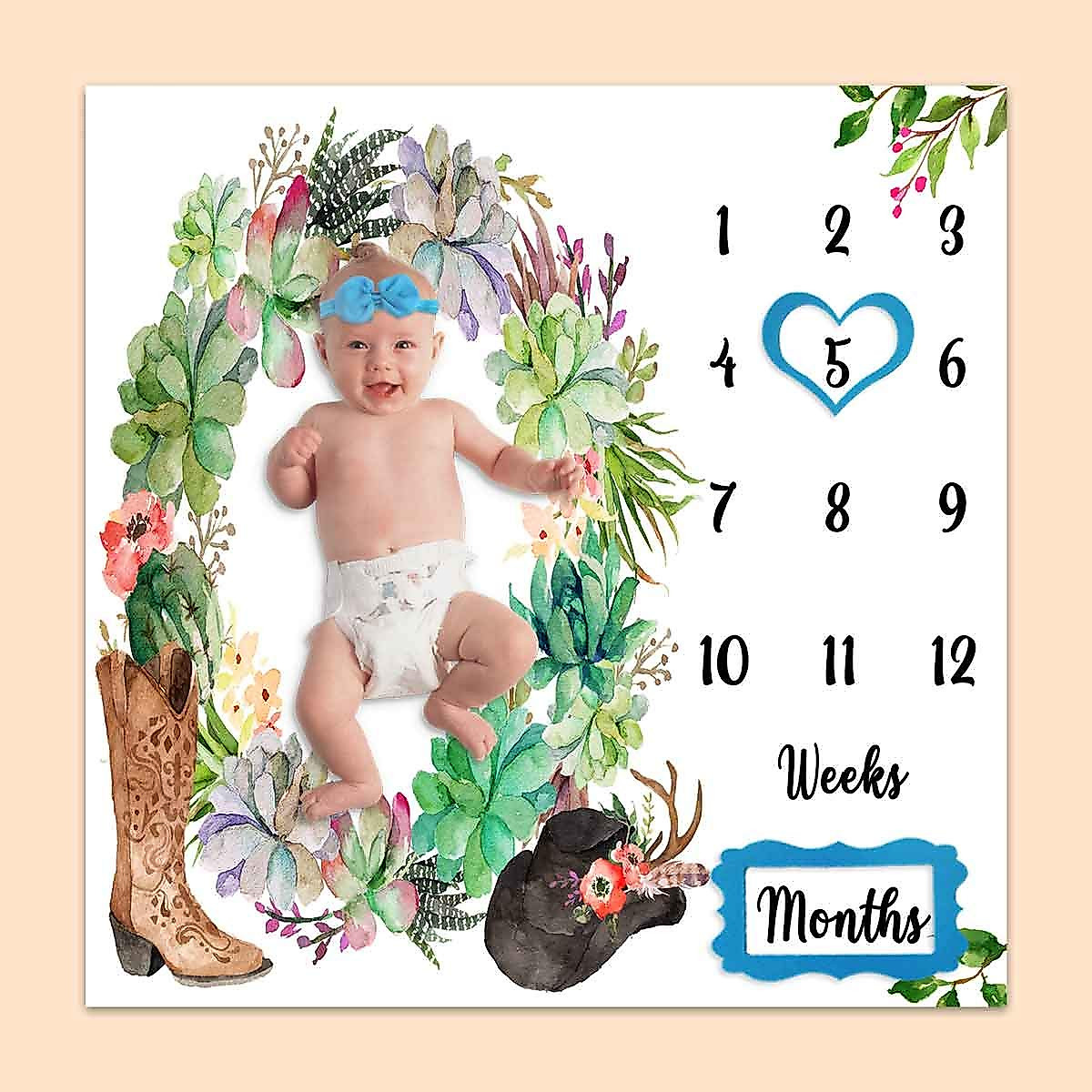 PHMOJEN Baby Monthly Milestone Blanket, Western Cowboys Floral Wreath Age Blanket for Nursery, Unisex for Newborn 1-12 Months, Includes 4 Frame and 1 Headband 47"x47" BTLSPH463