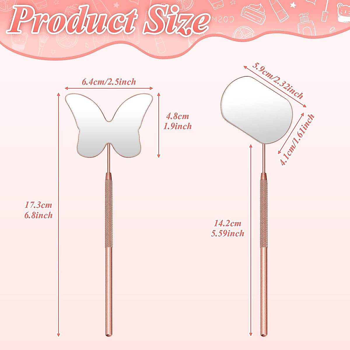 2 Pieces Lash Mirror Stainless Steel Lash Makeup Mirror Butterfly Eyelash Mirror Detachable Square Lash Extension Mirror Eyelash Extensions Accessories for Lash Extension Supplies, Pink and Rose Gold