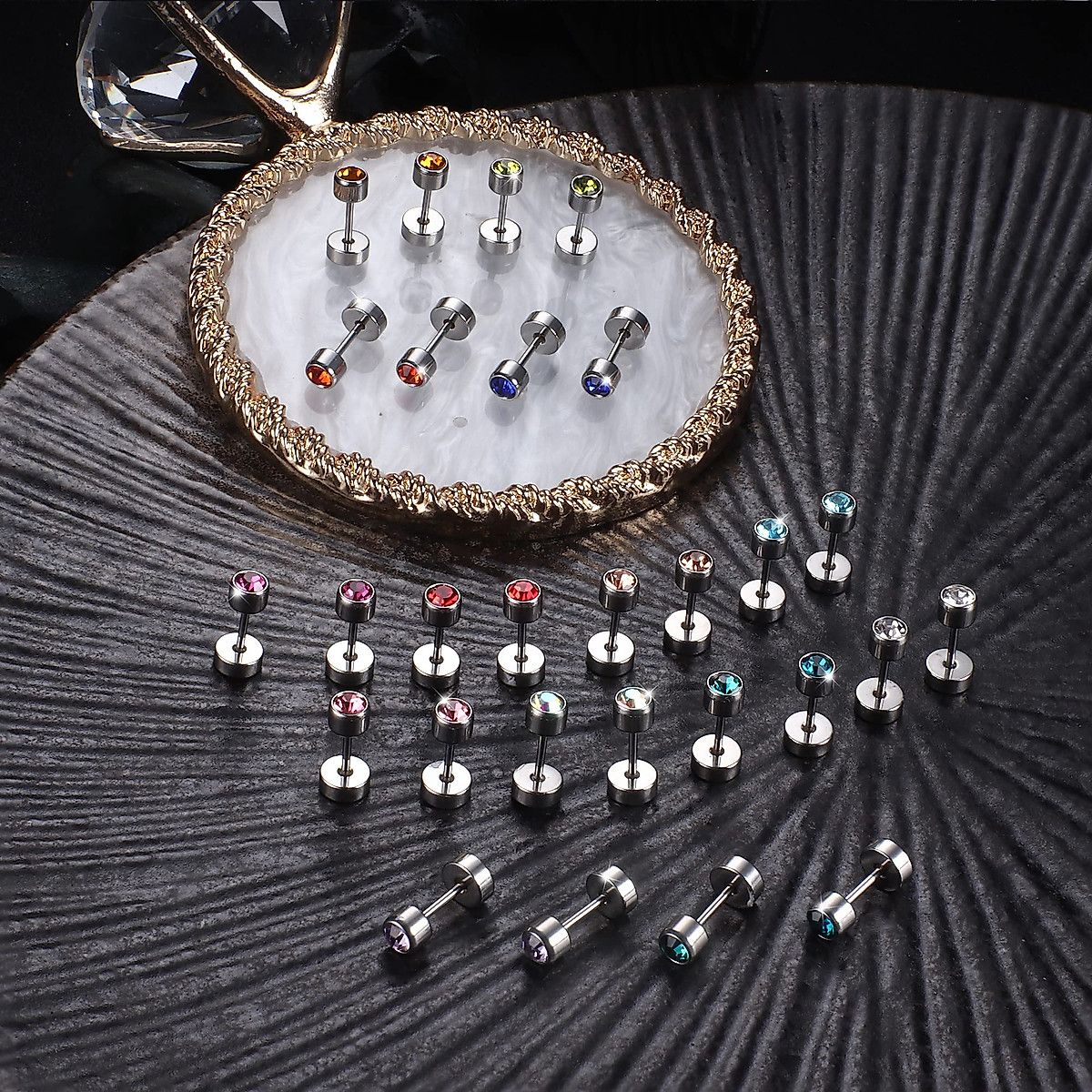 LOYALLOOK 14Pairs Stainless Steel CZ Stud Earrings for Women Men Multicolor Cubic Zirconia Flatback Earrings Pave Crystal Disco Ball Earrings with Flatback Cartilage Helix Earrings Set 20G Style A