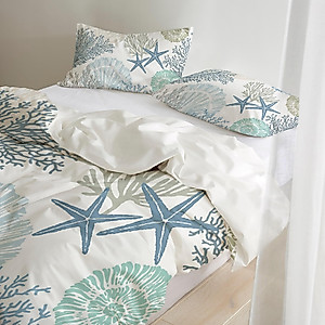 Duvet Cover Set California King Size Nautical Coastal Ocean Coral Comforter Sets 3 Pieces, Beach Themed Blue Teal Bedding Set with Zipper Closure and 2 Pillow Cases, Soft Bed Covers Bedroom Decor