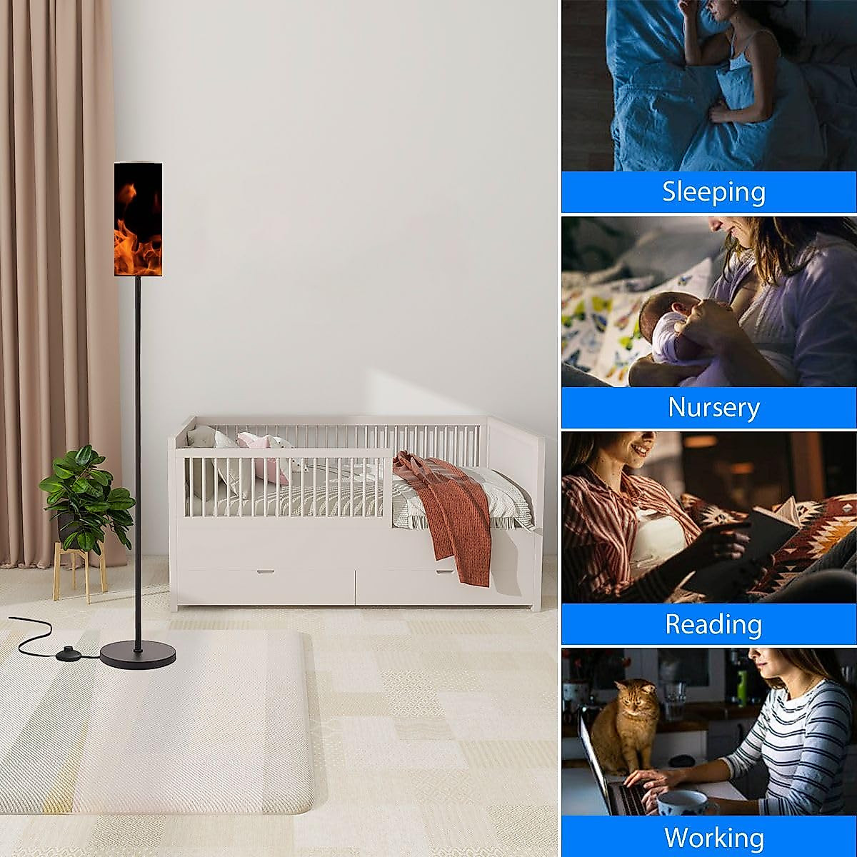 RZNTJHUINA Modern Standing Lamps 3D Pattern Burning Black Minimalist Floor Lamp Metal Pole Lamp with Linen Lampshade for Bedroom Living Room Office Nursery Reading Foot Switch