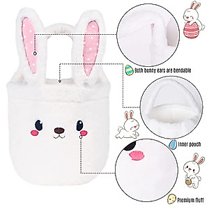 Bunny Easter Basket for Kids, Cute Plush Empty Bucket with Foldable Ears and Handle Egg Hunt Tote Candy Bag Basket for Boy Girl Teens Gift, Easter Basket Decor White 9×9 Inch