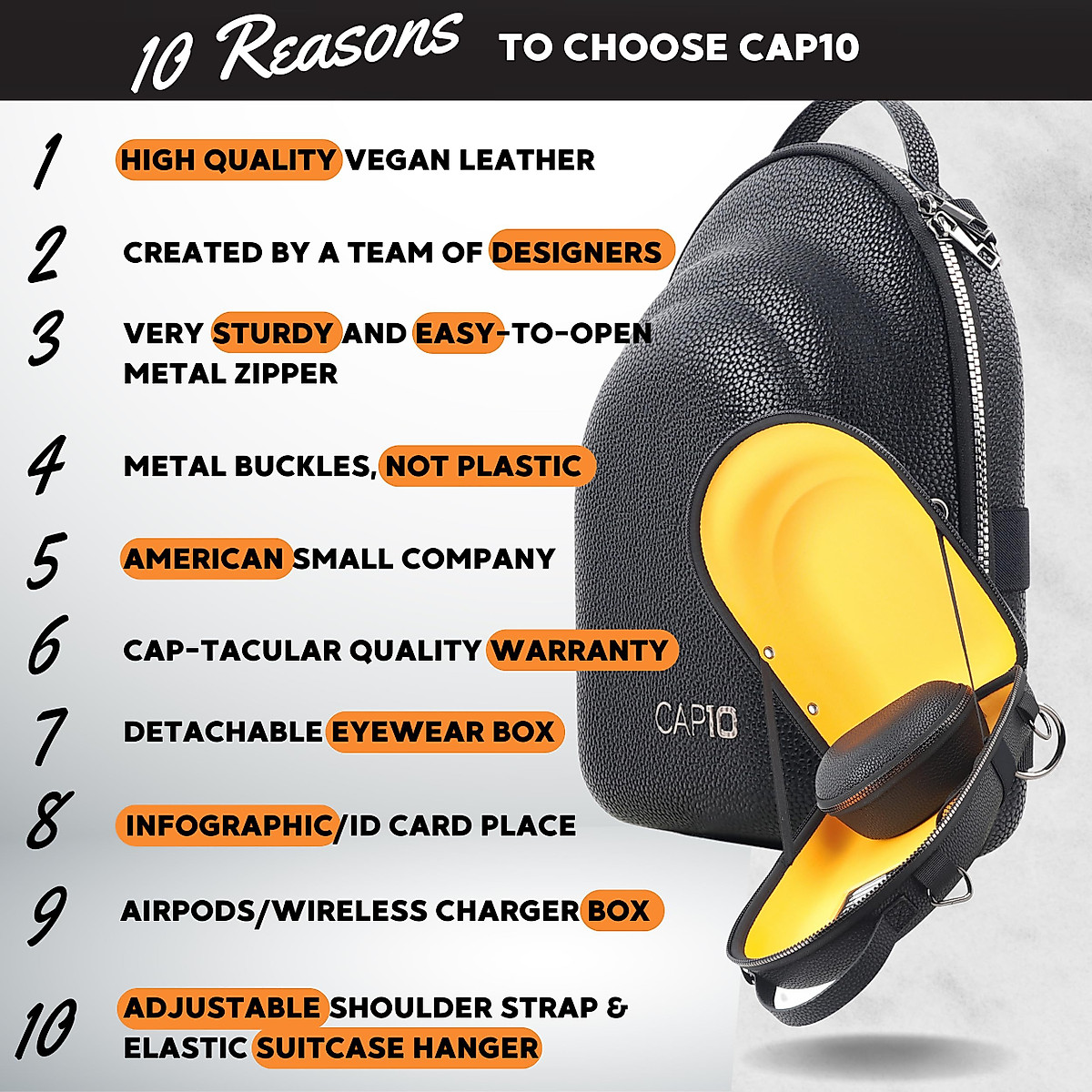 CAP10 Premium Hat Travel Case & Box - Superior Vegan Leather Cap Carrier & Organizer for Baseball Caps, New Era | Stylish Travel Hat Box for Ultimate Storage & Protection, Detachable Eyewear Box