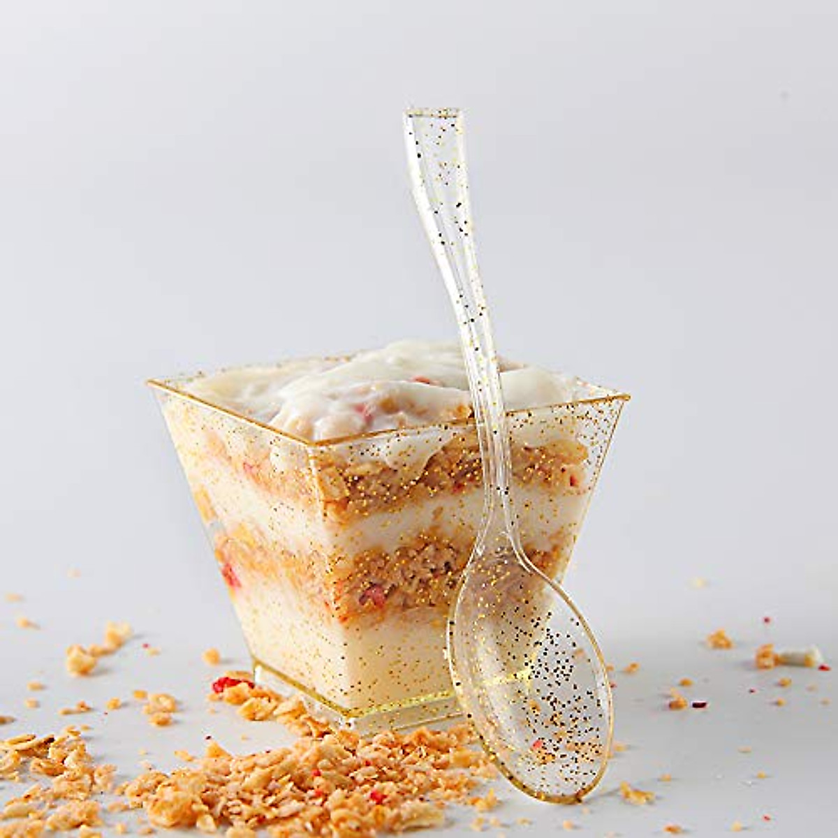 I00000 200 Pieces Small Plastic Dessert Cups with Mini Spoons Gold Glitter, Premium Quality, Includes Disposable Square Cups 2 Oz and 100 Pieces Gold Spoons