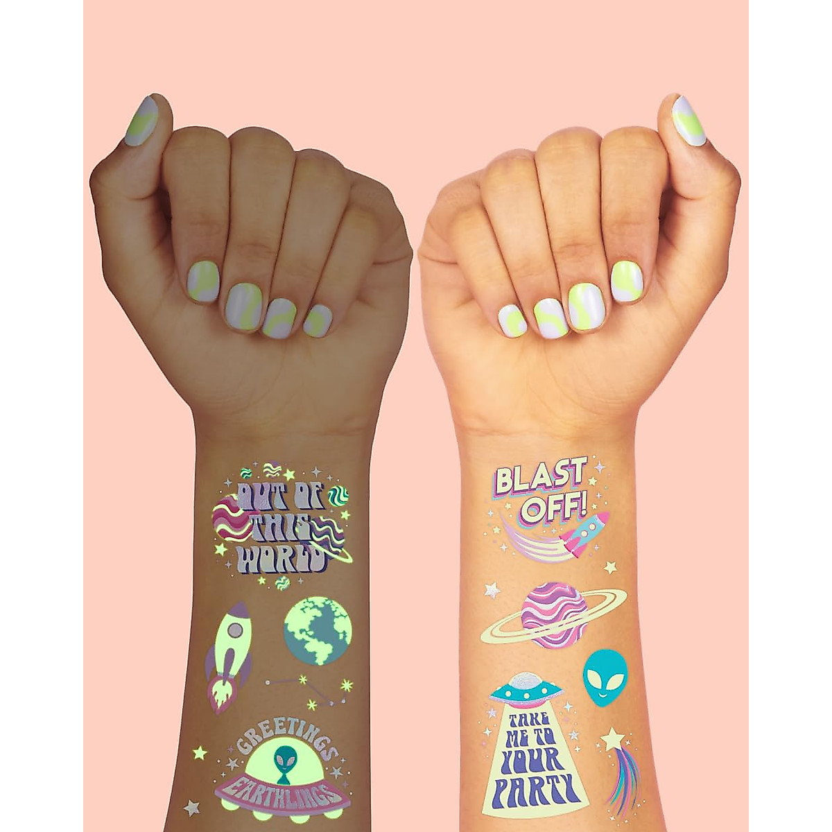 xo, Fetti Space + Planets Glow in Dark Temporary Tattoos for Kids - 50 pcs | Alien Birthday Party Supplies, Astronaut Favors + Rocket ship Decorations