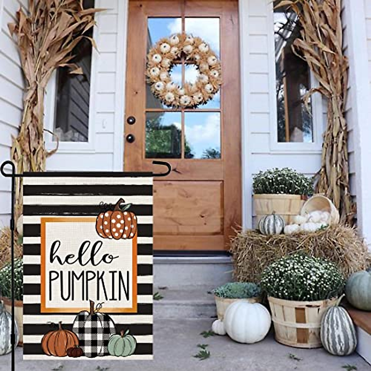 Fall Garden Flag Hello Pumpkin Sign 12 x 18 Inch Double Sided Autumn Farmhouse Seasonal Yard Outdoor Thanksgiving Decor DF082