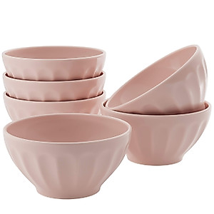 KooK Ceramic Cereal Bowl Set, Kids Breakfast Bowls, Fluted, Microwave and Dishwasher Safe, Kitchen Bowls, For Soup, Pasta, Salad, Dessert, 20 oz, Set of 6 (Dusty Pink)
