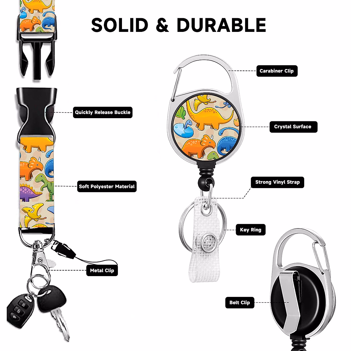 BUDUOZHI ID Badge Holder with Lanyard and Retractable Badge Reel Clip, Cartoon Dinosaur Breakaway Lanyard Name Card Vertical ID Protector, ID Card Holder Keychain Name Badge Clip for Women Men