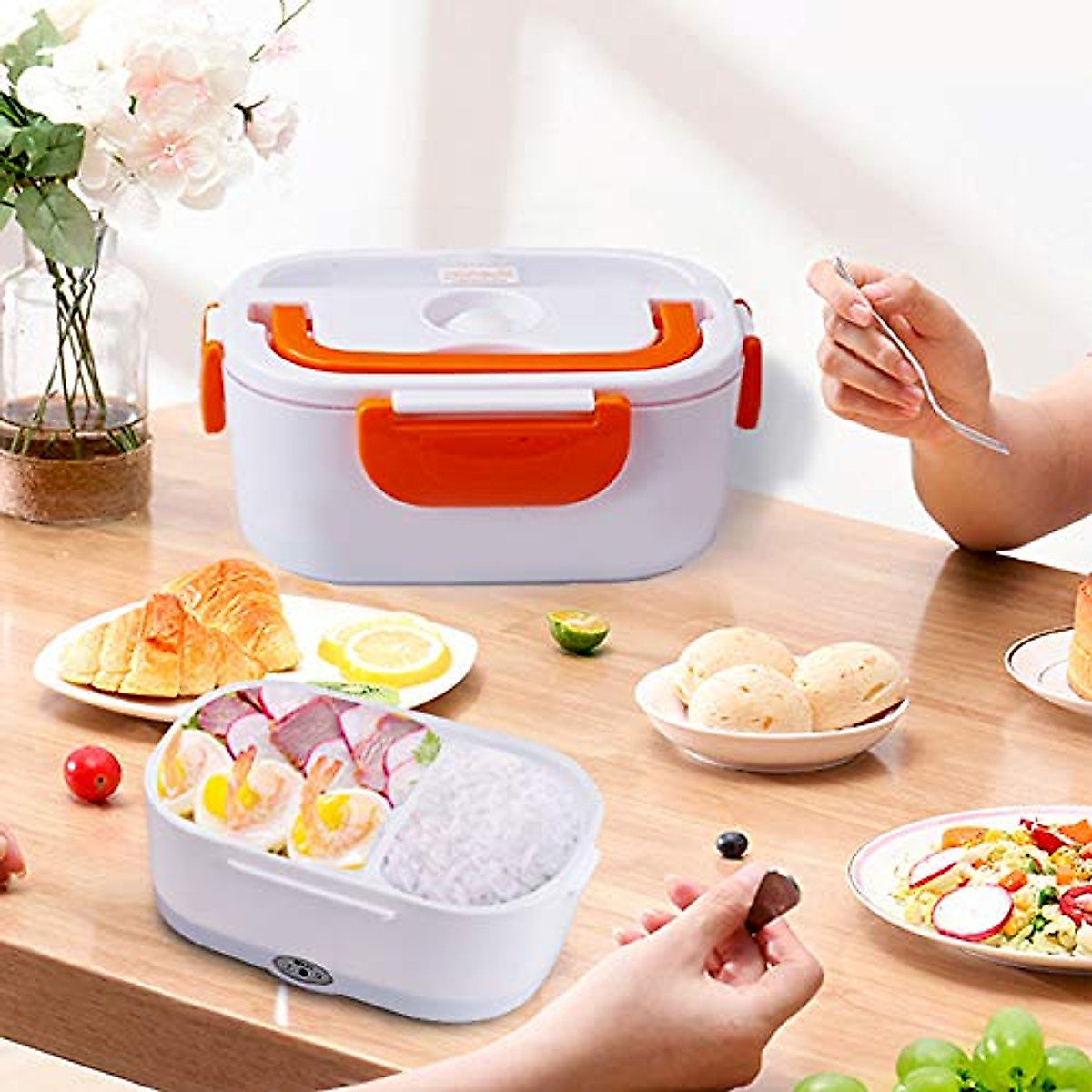INVODA Electric Lunch Box 110V Food Heating Lunch Hot Box Portable Insulated Bento Box Electric Lunch Container for Office Travel Home (Orange)