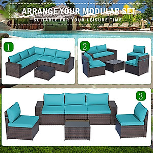 ALAULM 6 Pieces Patio Furniture Set Sectional Sofa Set Outdoor Furniture All Weather Brown PE Rattan Patio Conversation Set w/5 Blue Seat Cushions and 1 Coffee Table