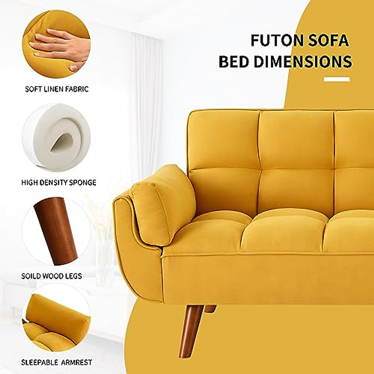 Homies Life Convertible Futon Sofa Bed, Linen Sleeper Couch, 75" W Modern 3 Seater Tufted Sofa with Adjustable Backrests and Soild Wood Legs for Living Room, Bedroom, Small Space, Yellow