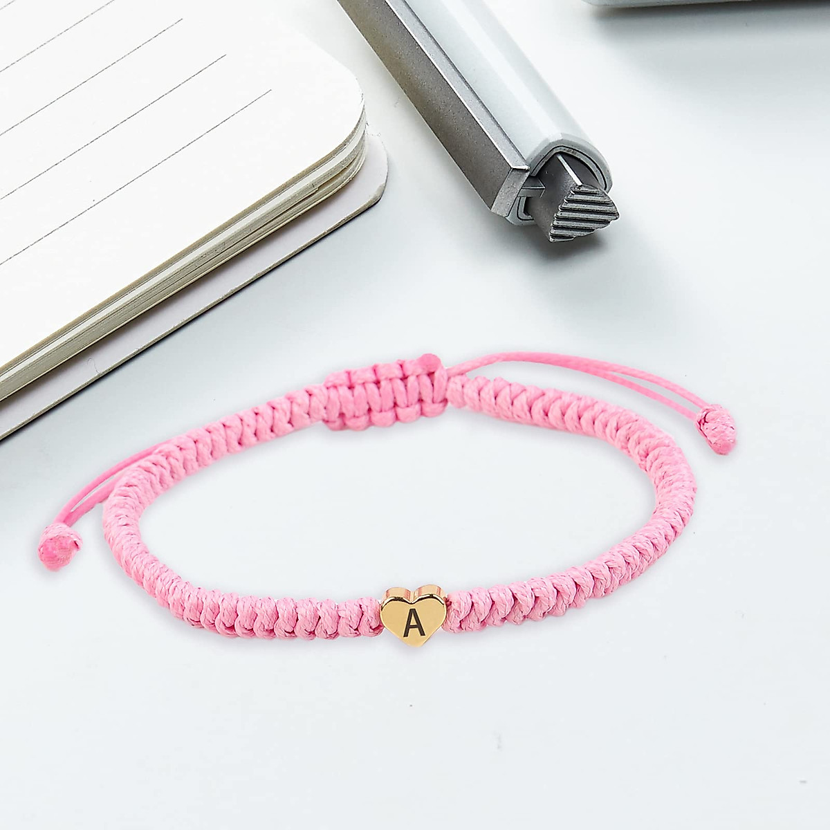 Pink Weave Rope Letter Bracelet for Women, Initial Bracelet Heart Charm 26 Letters A-Z Alphabet Handmade Adjustable Jewelry for Couple Teenage Girls Sister Valentines Day Mother's Day (Pink-C)