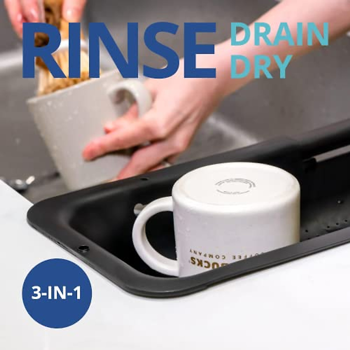 BLUE GINKGO Over the Sink Colander Strainer Basket - Wash Vegetables and Fruits, Drain Cooked Pasta and Dry Dishes - Extendable - New Home Kitchen Essentials (7.9W x 14-19L x 2.75H) - Black