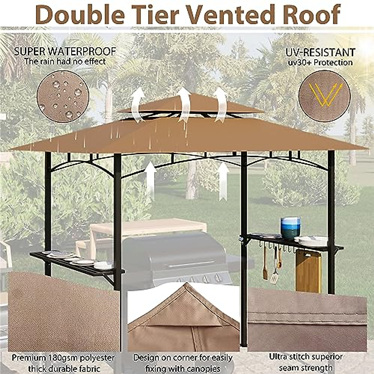 8 x 5 FT Grill Gazebo Grill Canopy Double Tiered BBQ Gazebo Outdoor BBQ Canopy, Canopies for Outside Canopies, Gazebos & Pergolas