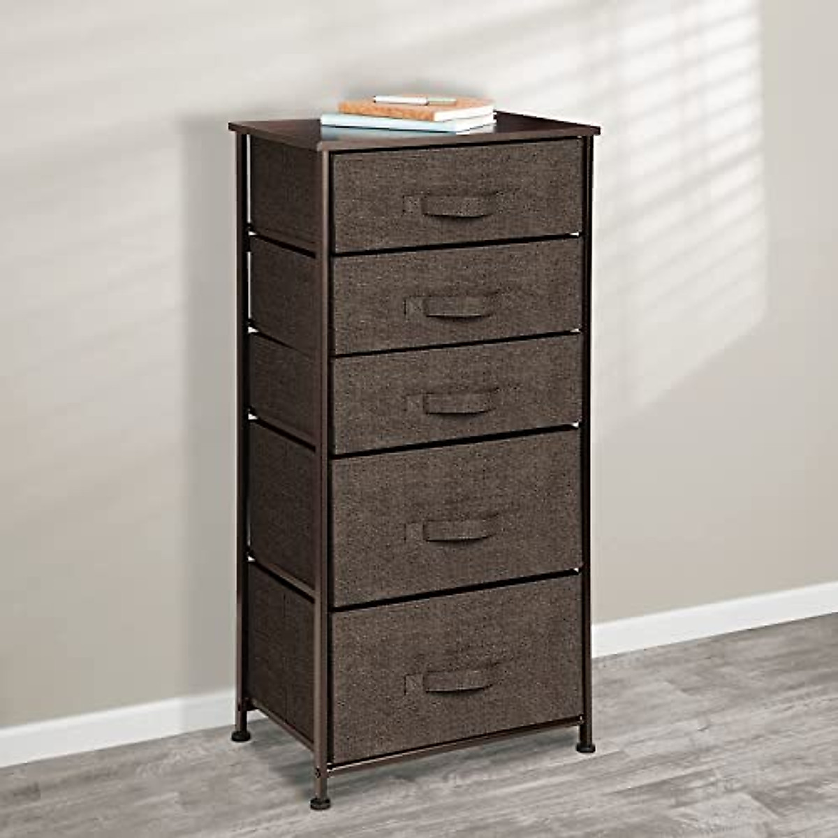 mDesign Storage Dresser Furniture Unit - Tall Standing Organizer Tower for Bedroom, Office, Living Room, and Closet - 5 Drawer Removable Fabric Bins - Espresso Brown