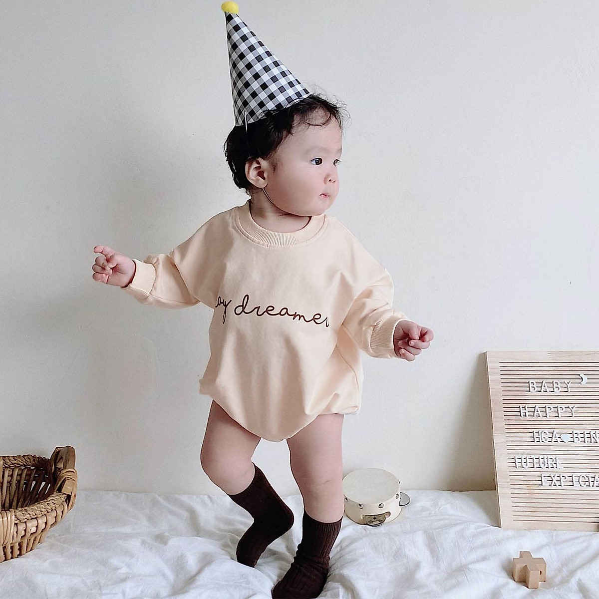 Baby Girl Boy Crewneck Sweatshirt Romper, Long Sleeve Rainbow Pullover Sweater Top Warm Fall Winter Clothes