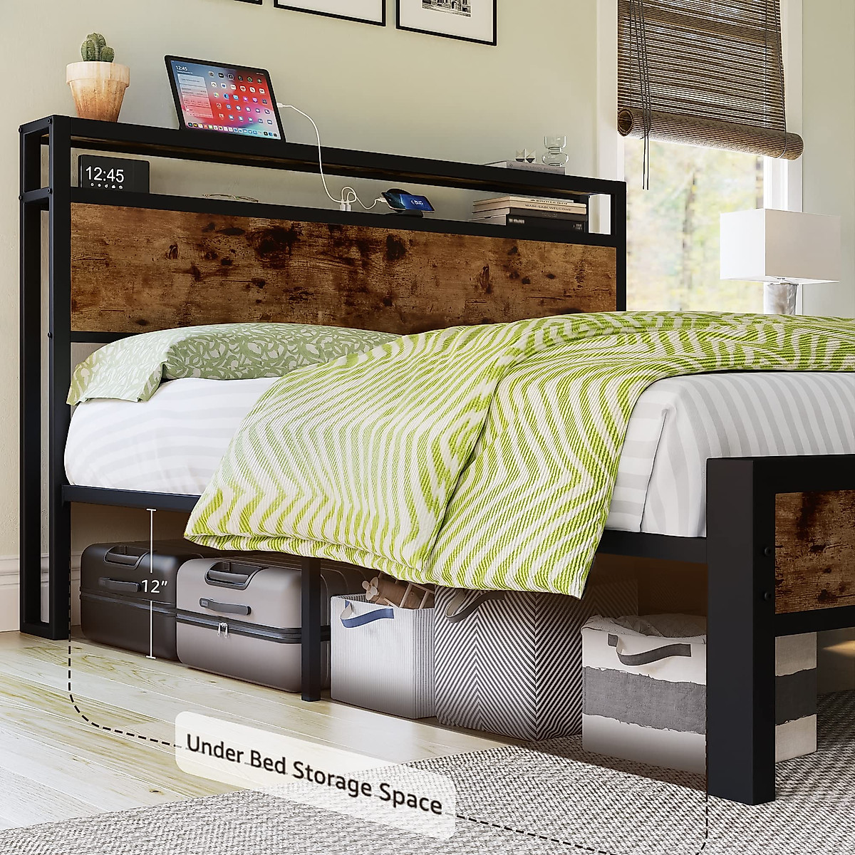LUXOAK Queen Size Bed Frame, Platform Bed Frame with 2-Tier Storage Headboard and Charging Station/No Box Spring Needed/Noise Free/Industrial/Rustic Brown