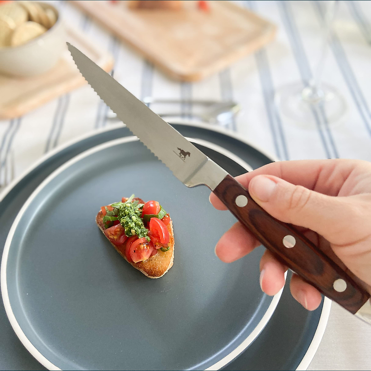 The Dinner Pony Serrated Steak Knives Set of 6 - Wooden Handle, Full Tang and Triple Riveted Design in Gift Box - Pakka Wood and High Carbon Stainless Steel