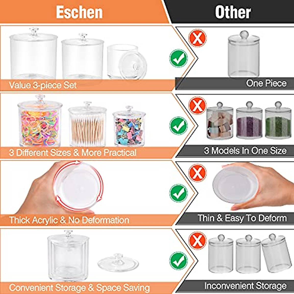 Eschen Apothecary Jars, 3 Pack Bathroom Storage Organizer, 28-oz 17-oz 9-oz Clear Acrylic Cotton Ball Holder with Lid for Qtip, Makeup Sponges, Flossers, Bath Salts, Swab Vanity Canister Dispenser