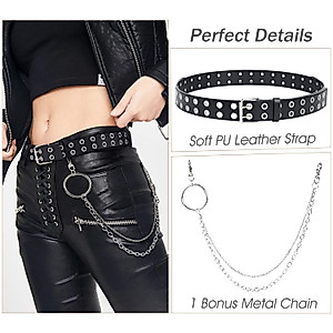 SUOSDEY Double Grommet Leather Belt with Detachable Chain for Women Men,Punk Black Belt with Double Studded Holes for Jeans