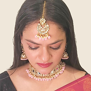 Efulgenz Indian Jewellery Set Crystal Choker Necklace Jhumka Earrings Maang Tikka Head Chain Bollywood Wedding Bridal Jewellery for Women, Pink