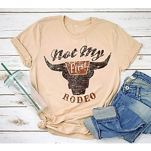 GEMLON Not My First Rodeo Cowgirl Western T-Shirt Tee Womens Casual Country Concert Short Sleeve Shirt Tops Apricot M