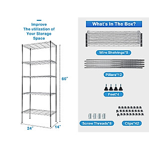 5-Tier Metal Wire Shelving Unit Tall Shelf Storage Rack NSF Certified Storage Shelves 500 Lbs Capacity Standing Utility Shelf for Laundry Kitchen Pantry Garage Organization Snack Shelf