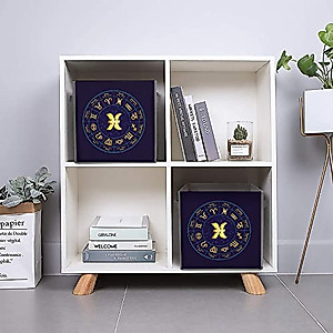 Pisces in Circle PU Leather Collapsible Storage Bins Canvas Cube Organizer Basket with Handles