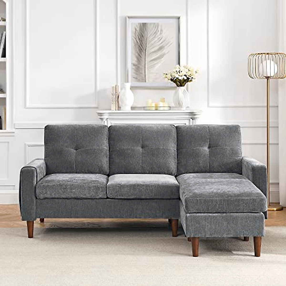 80” Convertible Sectional Sofa Couch, 3 Seats L-Shape Sofa with Removable Cushions and Pocket, Rubber Wood Legs (Dark Grey Chenille)
