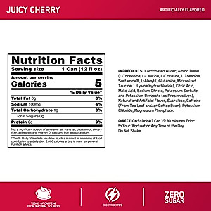 Optimum Nutrition Amino Energy Drink Plus Electrolytes for Hydration, Sugar Free, Caffeine for Pre-Workout Energy and Amino Acids / BCAAs for Post-Workout Recovery - Juicy Cherry, 12 Fl Oz (12 Pack)