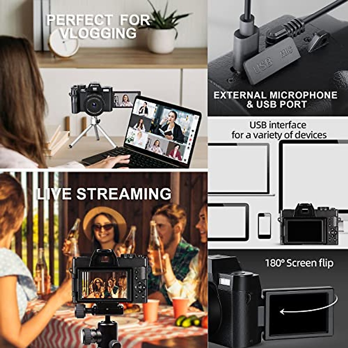 Monitech Digital Camera for Photography and Video, 4K 48MP Vlogging Camera for YouTube with 180° Flip Screen,16X Digital Zoom, 2 Batteries，32GB TF Card