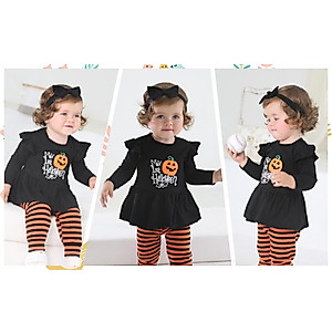 Noubeau My 1st Halloween Baby Girl Outfits Ruffle Pumpkin Print Tunic Drees Shirt Stripe Pants Legging Fall Winter Clothes（Black- A,6-12 Months）