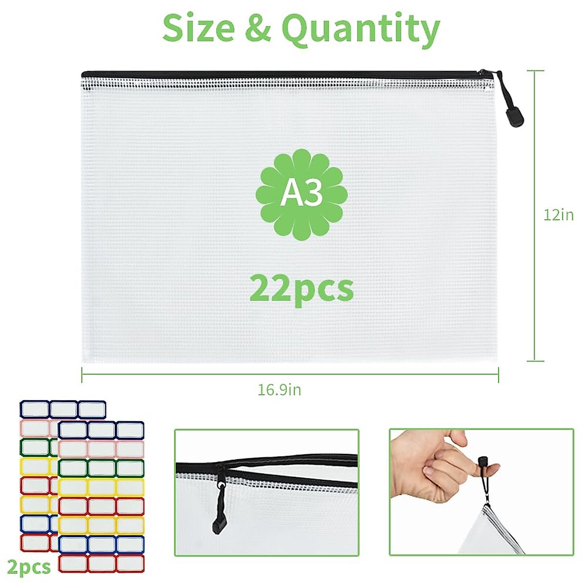 Vuzvuv 22Pcs A3 Size-16.9"x 12" Large Mesh Zipper Pouch with Label Sticker, Plastic Document Mesh Bag for File Board Game School Office Home Travel Storage（43cm30cm）