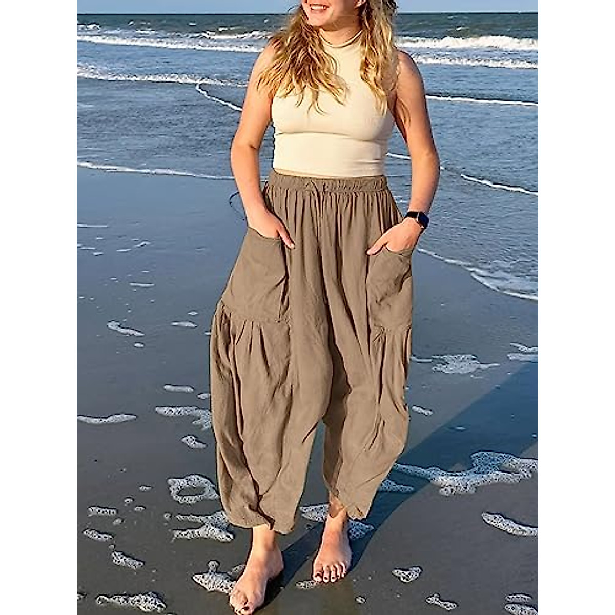 LILLUSORY Women Linen Summer Fall Fashion Outfits Clothes Palazzo Casual Flowy Pants 2023 Wide Leg Trousers Lounge Drawstring Loose Lightweigt Beach Trendy Harem Hippie Pants with Pocket Khaki