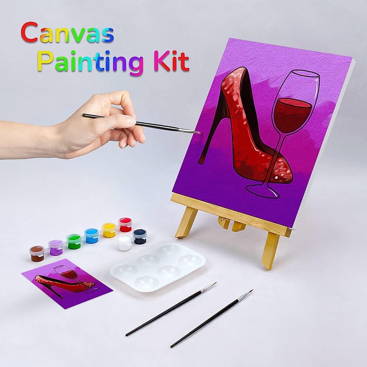 VOCHIC Canvas Painting Kit Pre Drawn Canvas for Painting for Adults Party Kits Paint and Sip Party Supplies 8x10 inch Girl High Heels Glass 8 Colors,3 Brush,1 Pallet Paint Art Set