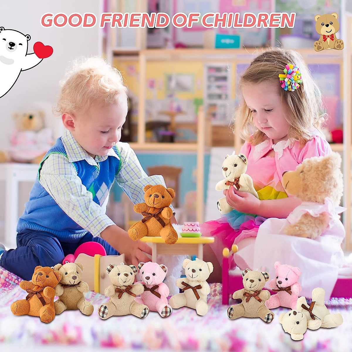 Skylety 16 Pcs Mini Plush Bear Bulk 4 Inch Bear Stuffed Animal Toy Doll Small Soft Bear Keychain for Birthday Baby Shower Wedding Party Favor Decor(Light Brown, Dark Brown, Pink, Beige,Cute)