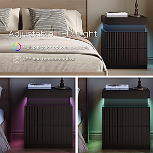 Nightstand Set of 2 Black Nightstand with Charging Station LED Night Stands with Drawers Modern Bedside Table with Sliding Top Night Table Fluted End Tables for Bedroom, Apartment, Dorm
