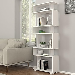 DORPEK Slender Bookcase White,S- Shaped 6- Tier Tall Bookshelf, Etagere Bookcase with Open Shelves, Floor Standing Unit, Storage Shelving for Living Room and Home Office