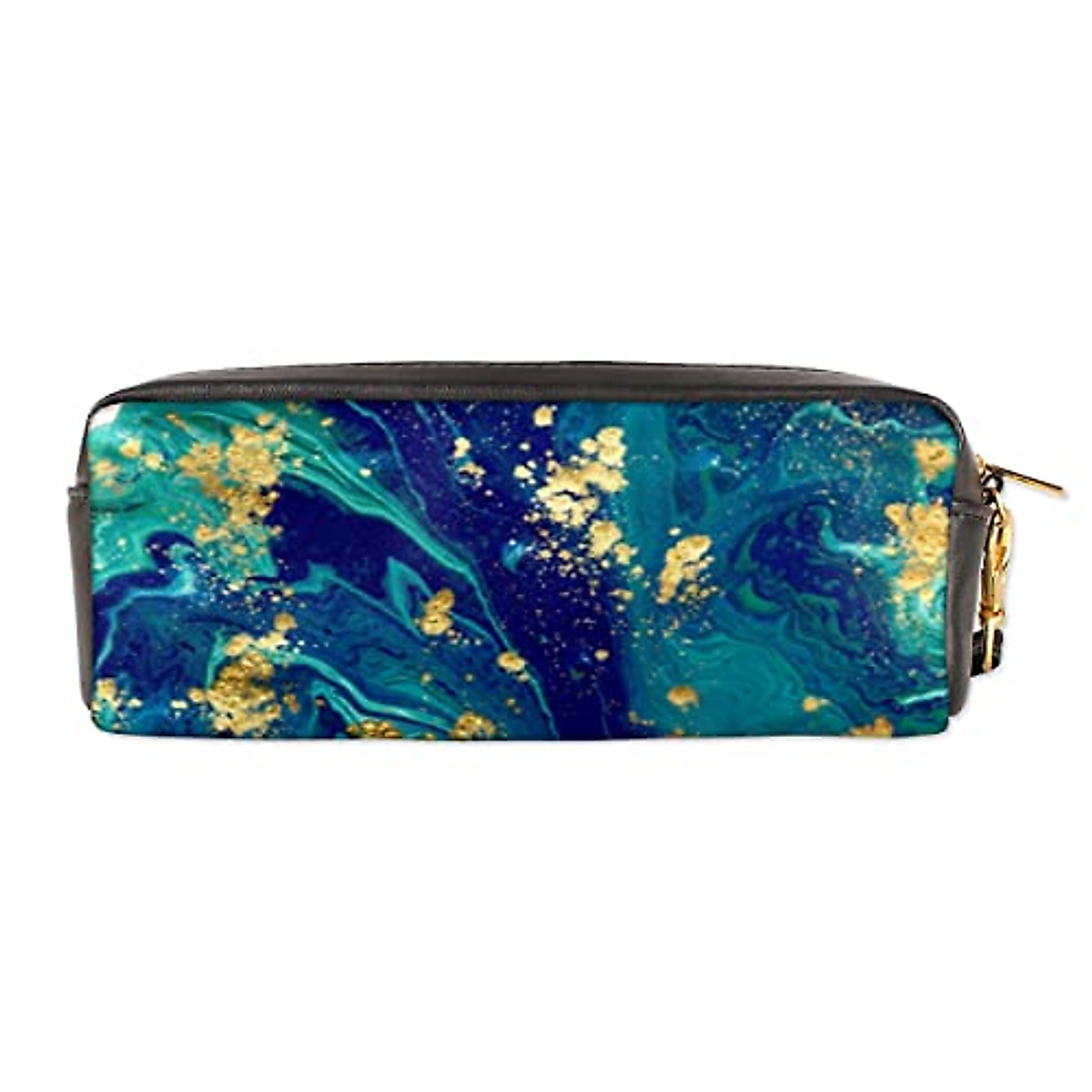 TropicalLife Turquoise Marbling Texture Golden Pencil Case, Portable Pu Leather Pencil Pen Case Pouch Bag with Zipper for Travel, School, Cosmetic Bag