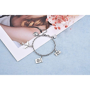 BOPREINA Travel Gifts Bracelet Passport Airplane Earth Heart Camera Charm Bracelets Stainless Steel Link Chain for Men Women Inspiration Jewelry for Travel Graduation Gift
