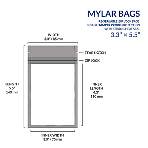 Mylar Bags with Ziplock 3.3 x 5.5” | 100 Bags | Sealable Heat Seal Bags for Candy and Food Packaging, Medications and Vitamins | Plastic and Aluminum Foil Packets for Liquid and Solids