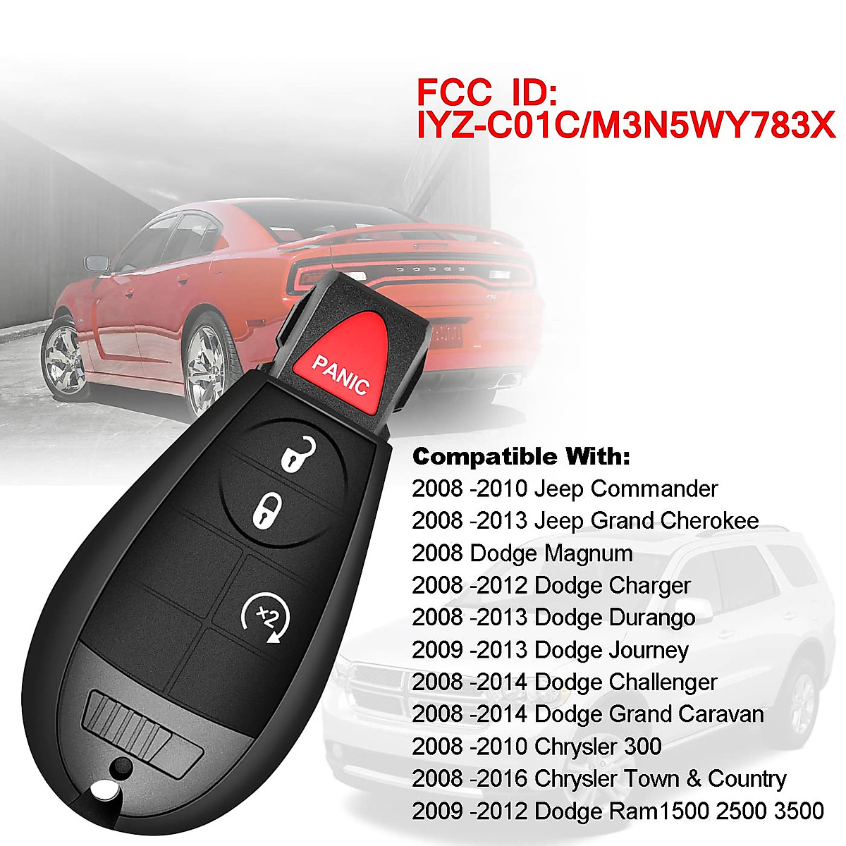 Key Fob FOBIK Replacement for Dodge Ram 1500 2500 3500 Truck Pickup 2009-2012 Journey Challenger/Grand Caravan Jeep Grand Cherokee/Commander Keyless Entry Remote Start Control(M3N5WY783X) 2PCS