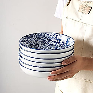 Selamica Porcelain Salad Pasta Bowls, Serving bowls, Microwave & Dishwasher Safe, Sturdy & Stackable - 26 Ounce, Set of 6, Vintage Blue