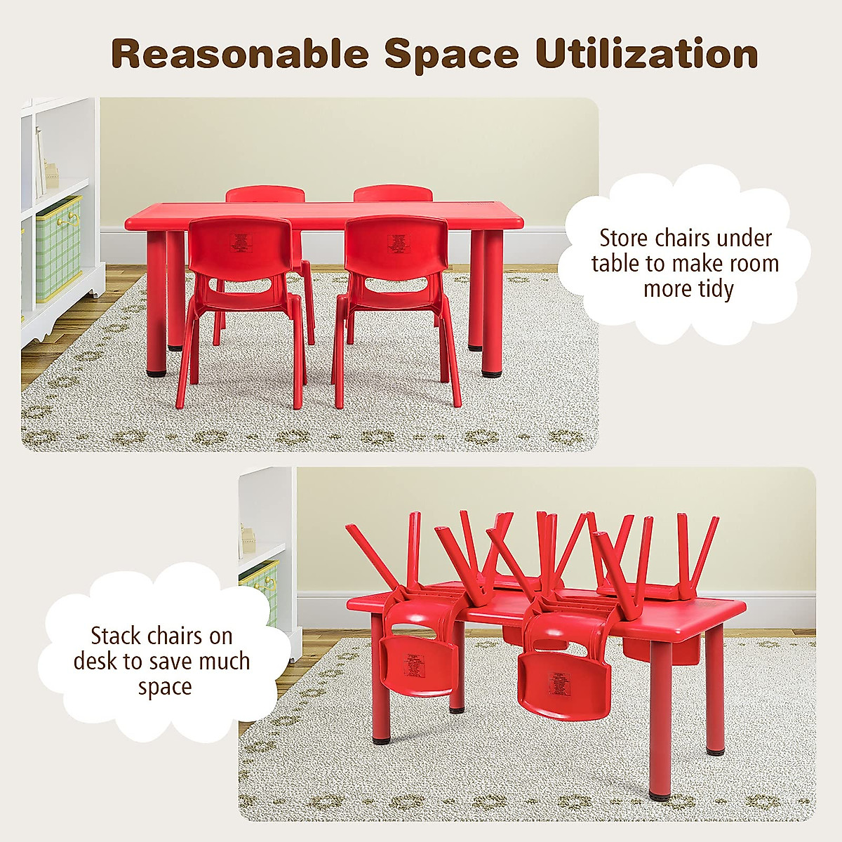 HONEY JOY Kids Table and 4 Chair Set, 48 x 24 Inch Children Rectangular Study Table with Stackable Seats, 4 Pcs Plastic Activity Toddler Furniture Set for Playroom Daycare, Gift for Boys Girls (Red)