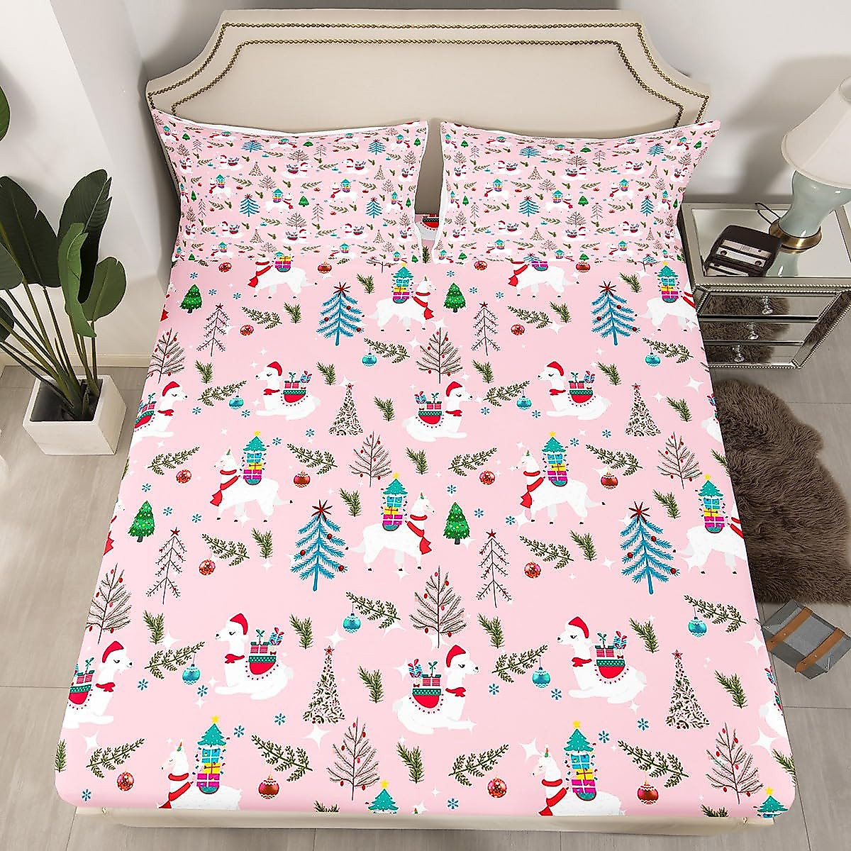 Feelyou Christmas Decorations Sheets Full Size with 2 Pillow Cases Christmas Bed Sheet Set Cute Llama Bedding Set Cartoon Llama Alpaca Fitted Sheet for Boys Girls Kids Adults