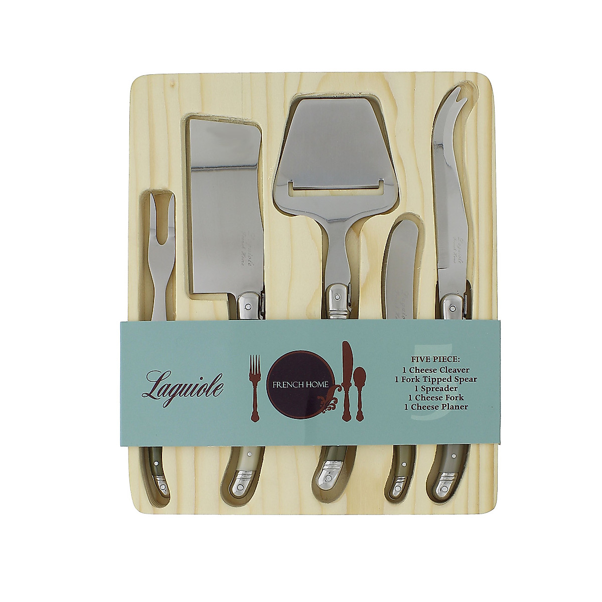 French Home 5-Piece Laguiole Cheese Knives Set with Fork and Slicer – Versatile Charcuterie Board Accessories with Three-Rivet Mist-Colored Handles & Iconic Bee Emblem